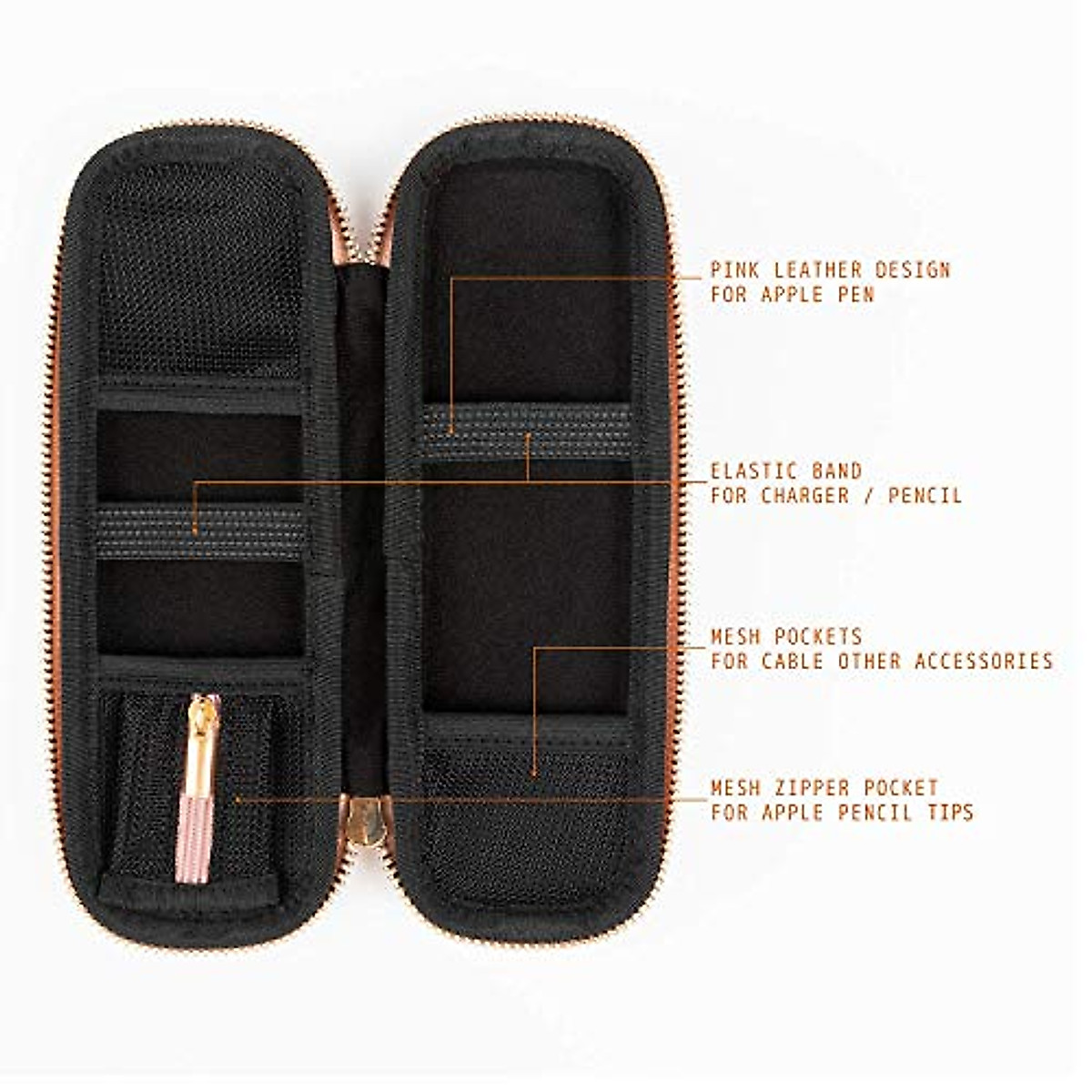 Comfyable Pencil Holder Pencil Case for Apple Pencil, Pen Accessories Elastic Strap Sleeve Protective Carrying Case for Stylus USB Cable AirPods with Mesh Pockets, Rose Gold