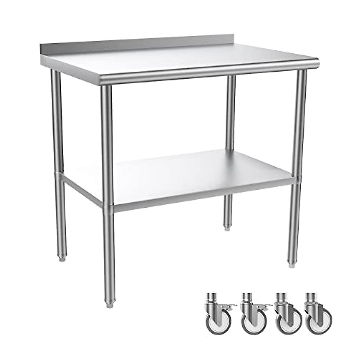 ROVSUN 36' x 24'' Stainless Steel Table for Prep & Work,Commercial Worktables & Workstations,Heavy Duty Metal Table with Wheels & Backsplash for Kitchen, Restaurant,Home,Hotel