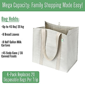 VENO 4 Pack Reusable Grocery Bags w/ Hard Bottom, Heavy-Duty Shopping Bags for Shopping Cart (Beige, 4 Pack)