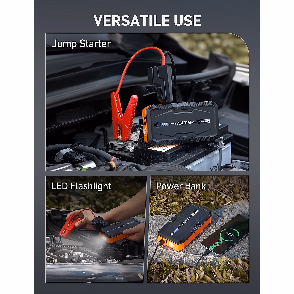 AstroAI S8 Car Battery Jump Starter, 1500A Peak Car Jumper Starter Battery Pack for Up to 6.0L Gas & 3.0L Diesel Engines, 12V Portable Jump Box with 3 Modes Flashlight and Jumper Cable (Orange)