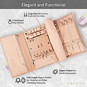 COSMIYA Luxury Vegan Leather Traveling Jewelry Organizer - Jewelry Roll, Travel Jewelry Bag, Jewelry Travel Organizer, Travel Necklace Earring Ring Organizer, Organizador De Joyas Para Mujer