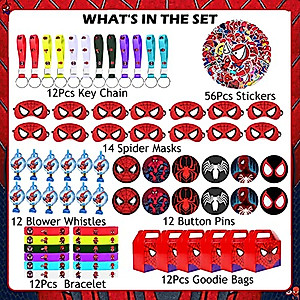 Spiderman Birthday Party Favors Supplies,130 Pcs,Include Button Pins, Key Chain, Bracelet, Spider Masks, Goodie Bags, Blower Whistles, Stickers for Classroom Rewards Hero Carnival Prizes Decorations