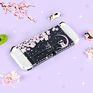 BelugaDesign Sakura Cat Glitter Case | Moon Heart Pink Cherry Blossom Japanese Anime Shell | Compatible with Nintendo Switch OLED | Dockable Crystal Protective Cover (Switch OLED, Clear Pink)