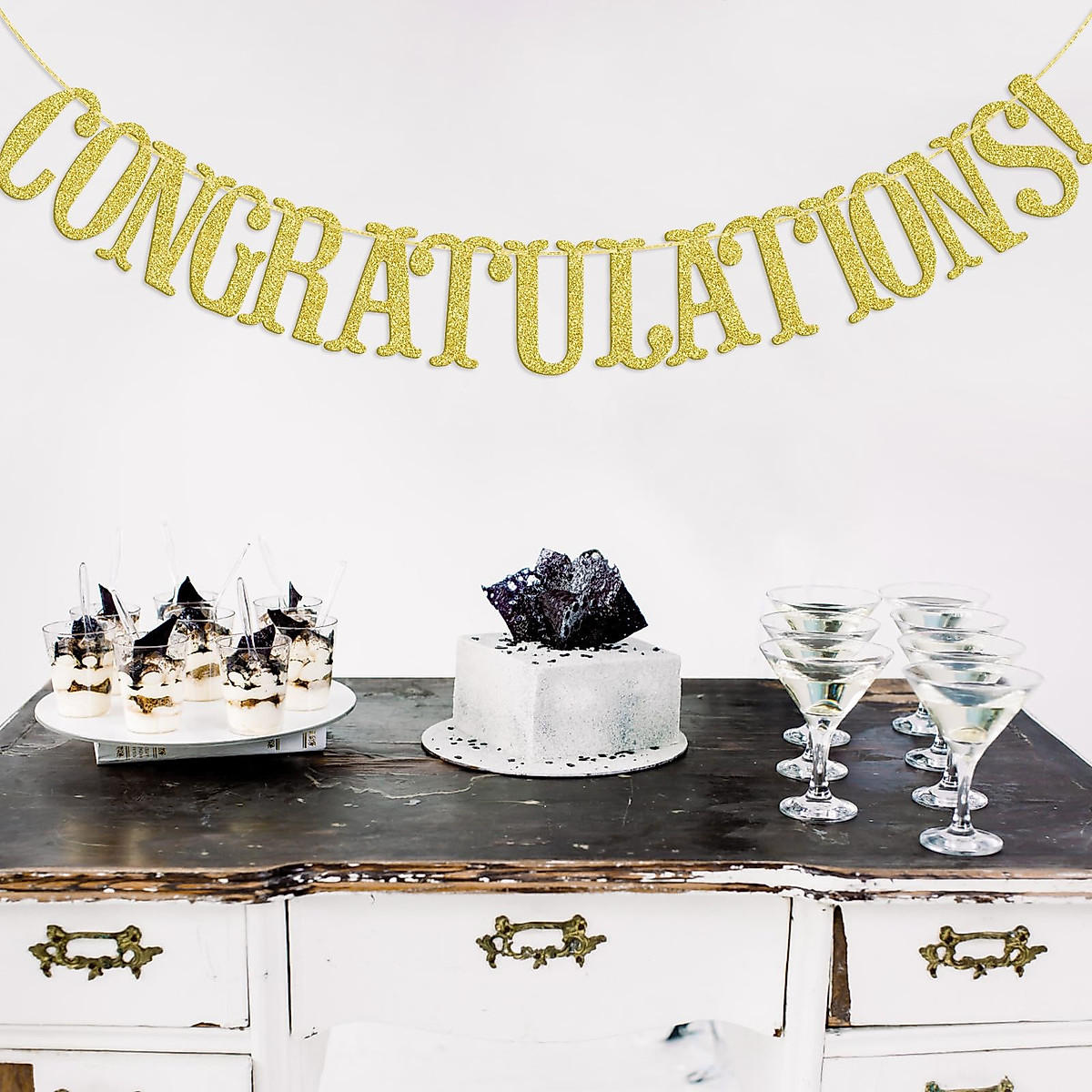 Congratulations Gold Glitter Sign Banner- Graduation, Wedding, Retirement Party Supplies Decorations (Gold)