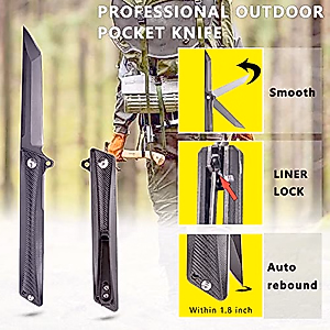 Lsqurel Pocket Knife, G-10 Carbon Fiber Handle + D2 Steel PVD Titanium Coating Blade for Men EDC Folding Knife Spring Assisted Knife 8.5 INCH