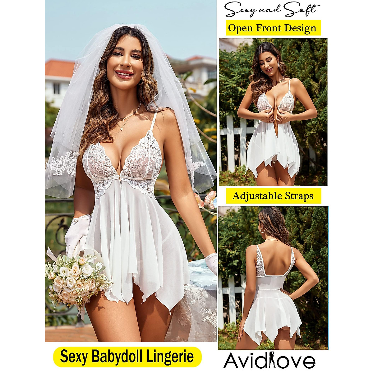Avidlove Sexy Lingerie for Women Lace Babydoll Strap Chemise Nighty Sleepwear V Neck Nightgown A White