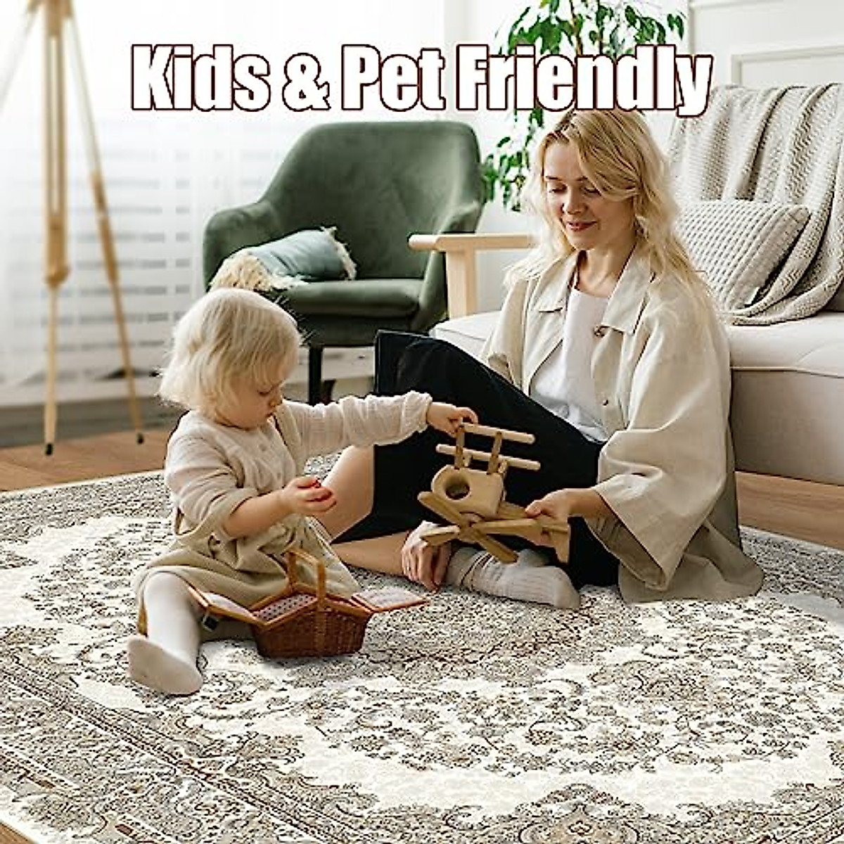 Area Rug Living Room Rugs: 8x10 Washable Oriental Persian Carpet for Bedroom Under Dining Table Large Farmhouse Floral Distressed Indoor Non Slip Decor Home Office Nursery - Beige
