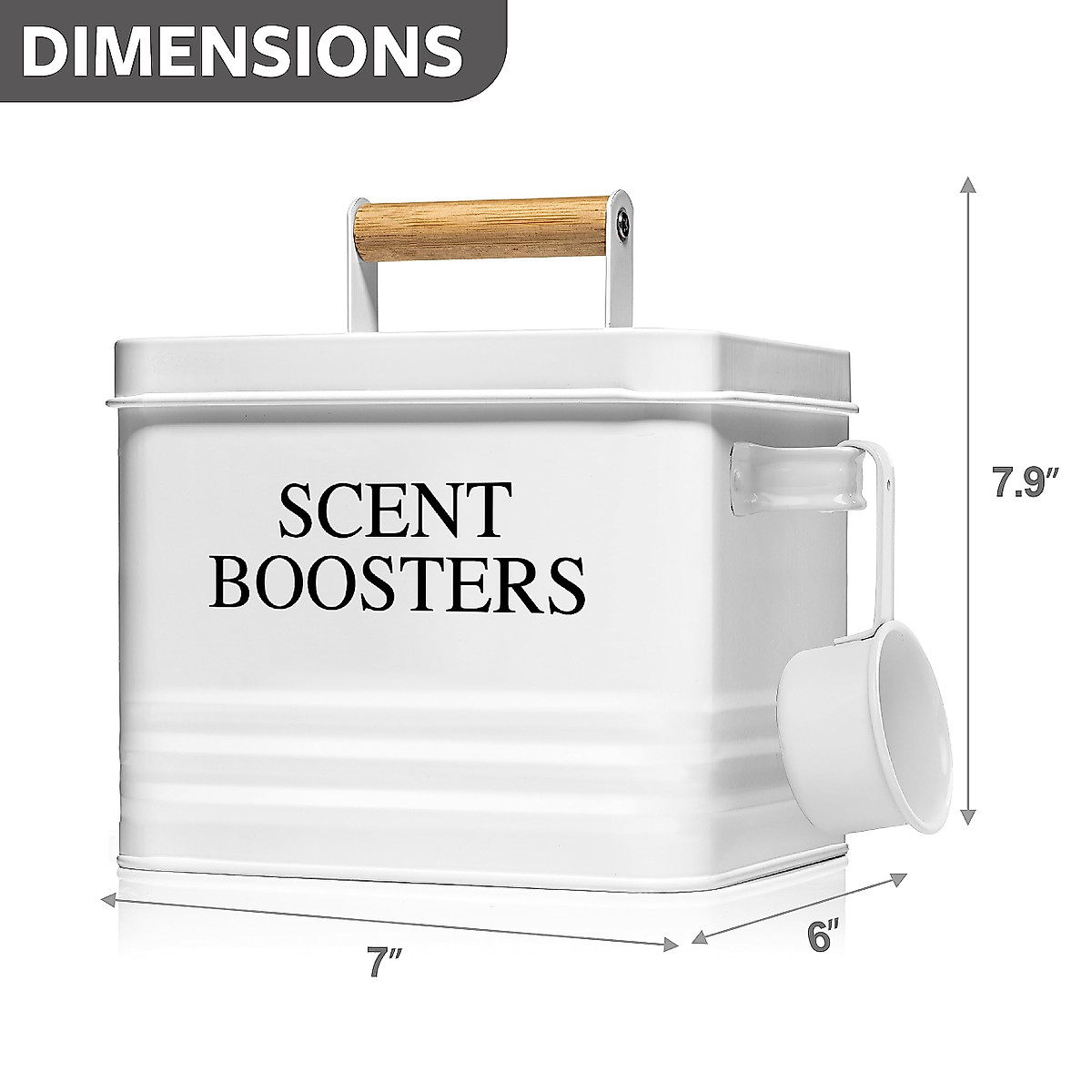 Calindiana Modern Farmhouse Metal Laundry Scent Booster Beads Dispenser Container with Scoop for Laundry Room Decor and Accessories and Space Saving Laundry Room Organization and Storage, White