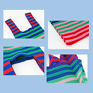 Dvagoent Rainbow Tote Bag for Girls, Striped Tote Bag for Women, Knitted Tote Bag, Shoulder Bags Tote, Armpit Bags Women Fashion (Blue Red Green)