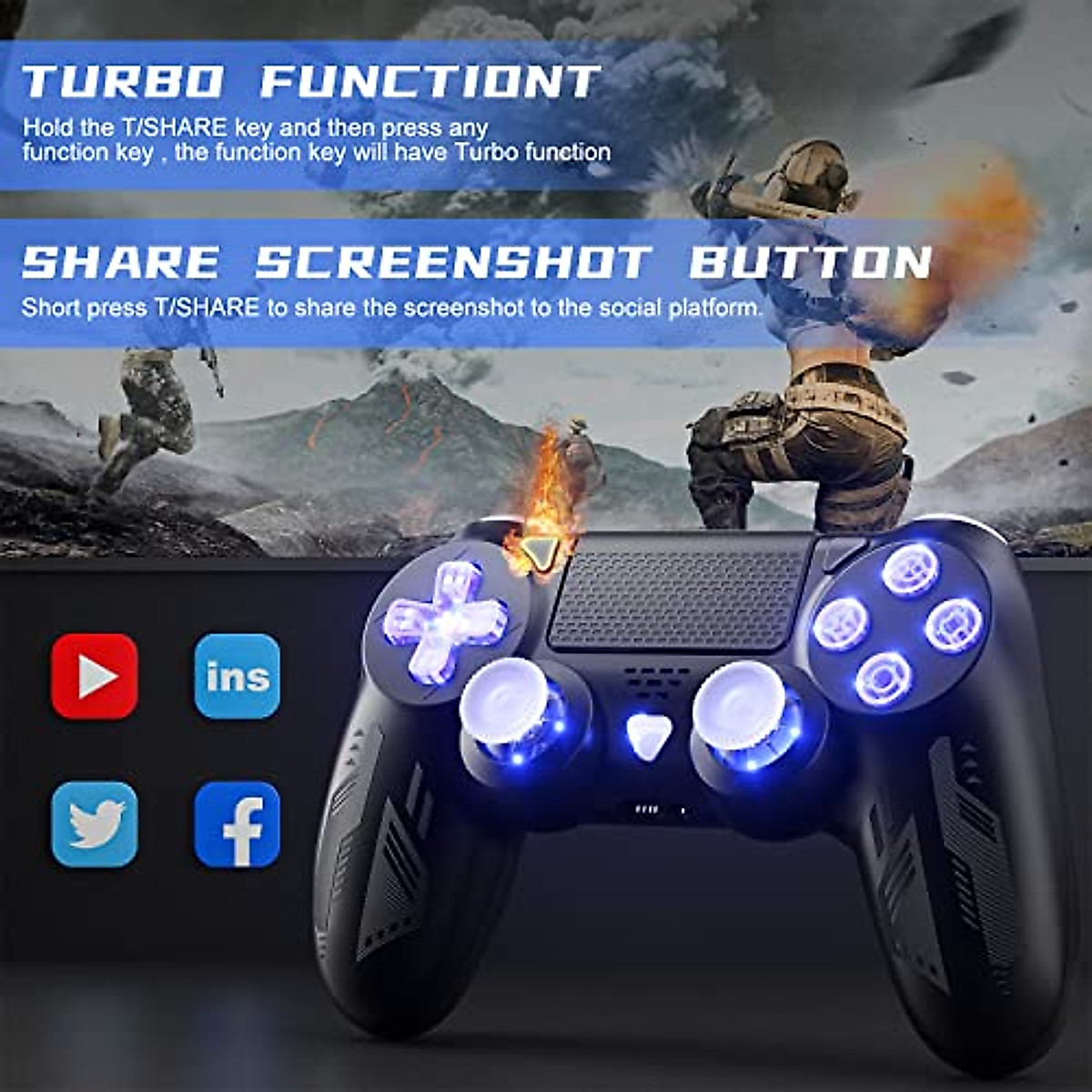 Nonbliep LED Wireless Controller for PS4, Custom Light Mechanical Design for Playstation 4 Controller Compatible with PS4/Slim/Pro/PC/Steam with Turbo/Motion Sensor/1000mAh Battery/Headphone Audio