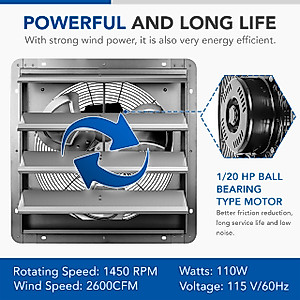 iPower 18 Inch Shutter Exhaust Fan Aluminum,High Speed 1450 RPM, 2600 CFM, 1-Pack, 21.3"D x 21.3"W x 9"H, Silver