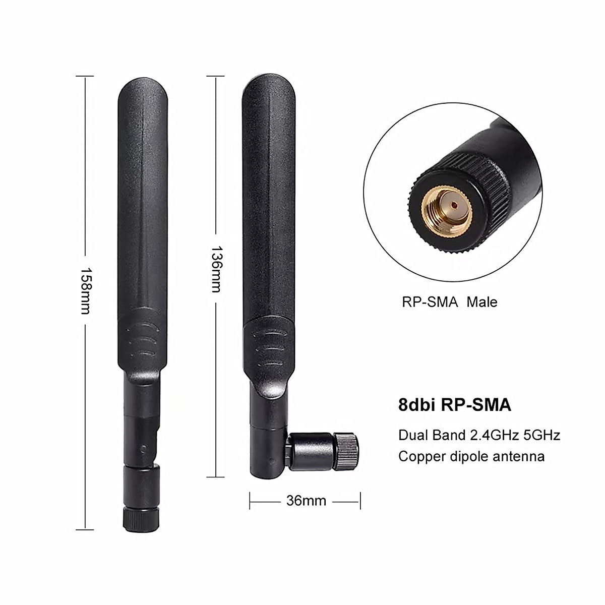 2 x 8dBi WiFi RP-SMA Male Antenna 2.4GHz 5.8GHz Dual Band +2 x 15CM U.FL/IPEX to RP-SMA Female Pigtail Cable for Mini PCIe Card Wireless Routers, PC Desktop, Repeater, FPV UAV Drone and PS4 Build