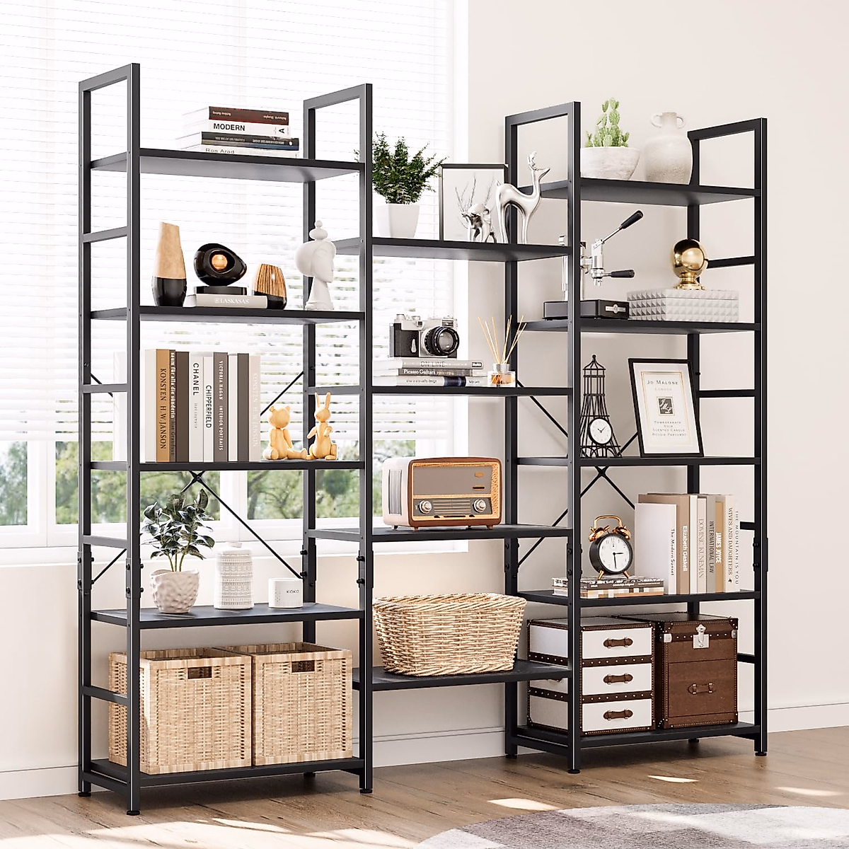 NUMENN Triple Wide 5 Tier Bookshelf, Rustic Industrial Style Bookcases and Bookshelves with 14 Open Display Shelves, Modern Tall Bookcase Furniture for Bedroom, Living Room and Home Office, Black