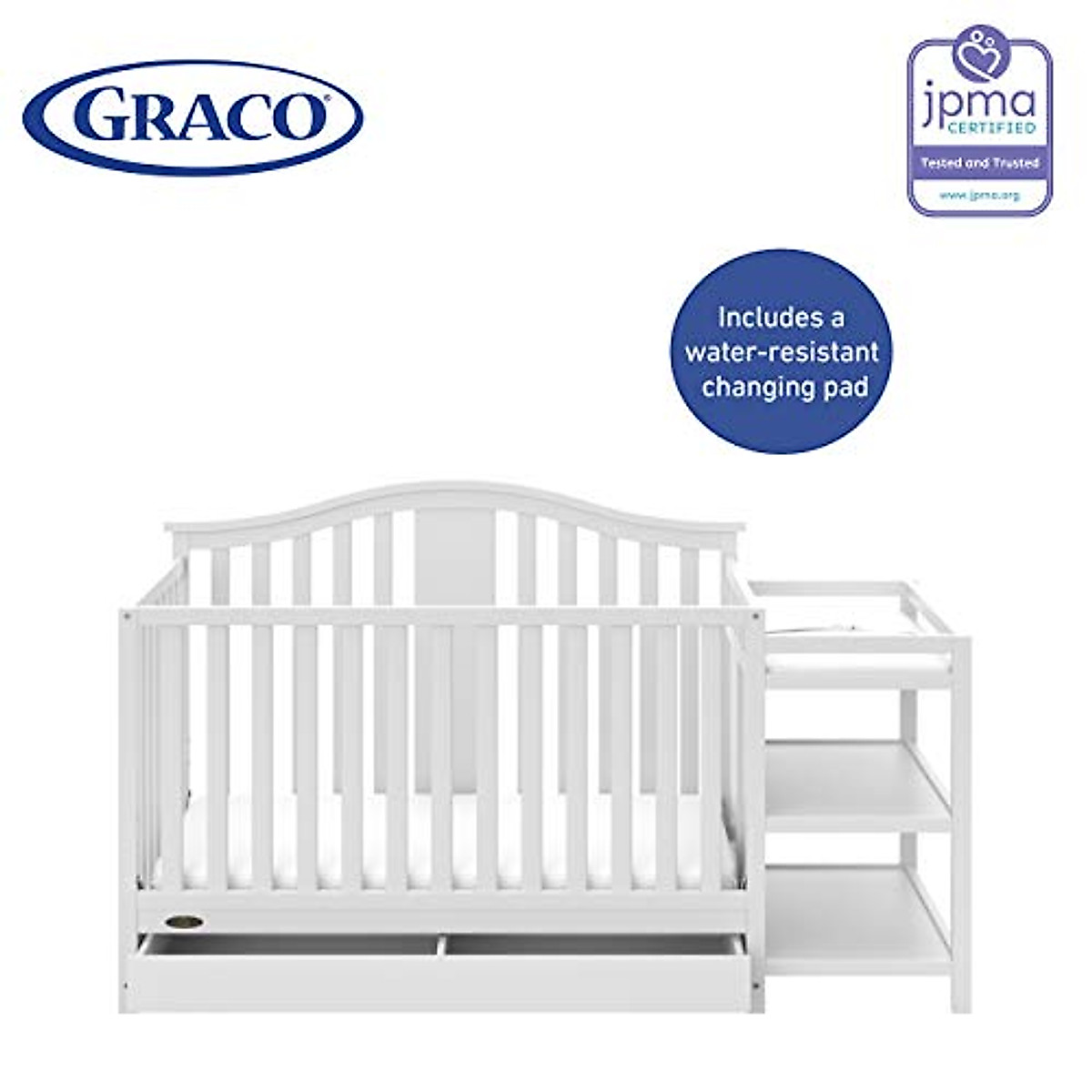 Graco Solano 4-in-1 Convertible Crib and Changer with Drawer (White) – Crib and Changing Table Combo with Drawer, Includes Changing Pad, Converts to Toddler Bed, Daybed and Full-Size Bed