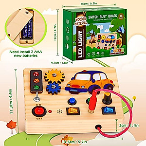 Auney Montessori Busy Board with Traffic Led Lights,Wooden Sensory Toys for Toddlers 1-3,Baby Travel Toys with 7 Different Led Lights Sound Button,Educational Toys for 1+ Year Old Boy Car Style Gift
