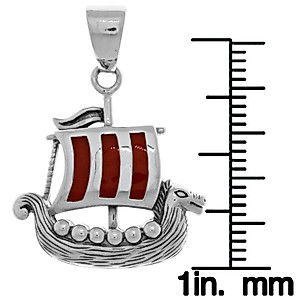 Jewelry Trends Norse Viking Ship Sterling Silver Pendant with Red Striped Sail