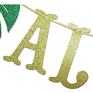 Hawaiian Aloha Banner Decorations with Palm Leaves Garland for Hawaiian Tropical Luau Beach Summer Party Supplies Decor Favors Bunting Photo Booth Props Sign (Gold & Green Glittery)