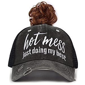 FADACHY Hot Mess Baseball Cap Women Ponytail Hat Black Messy Bun Hat Adjustable Trucker Hat Ponytail Hat