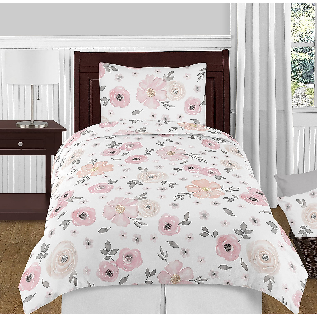 Sweet Jojo Designs Blush Pink, Grey and White Standard Pillow Sham for Watercolor Floral Collection