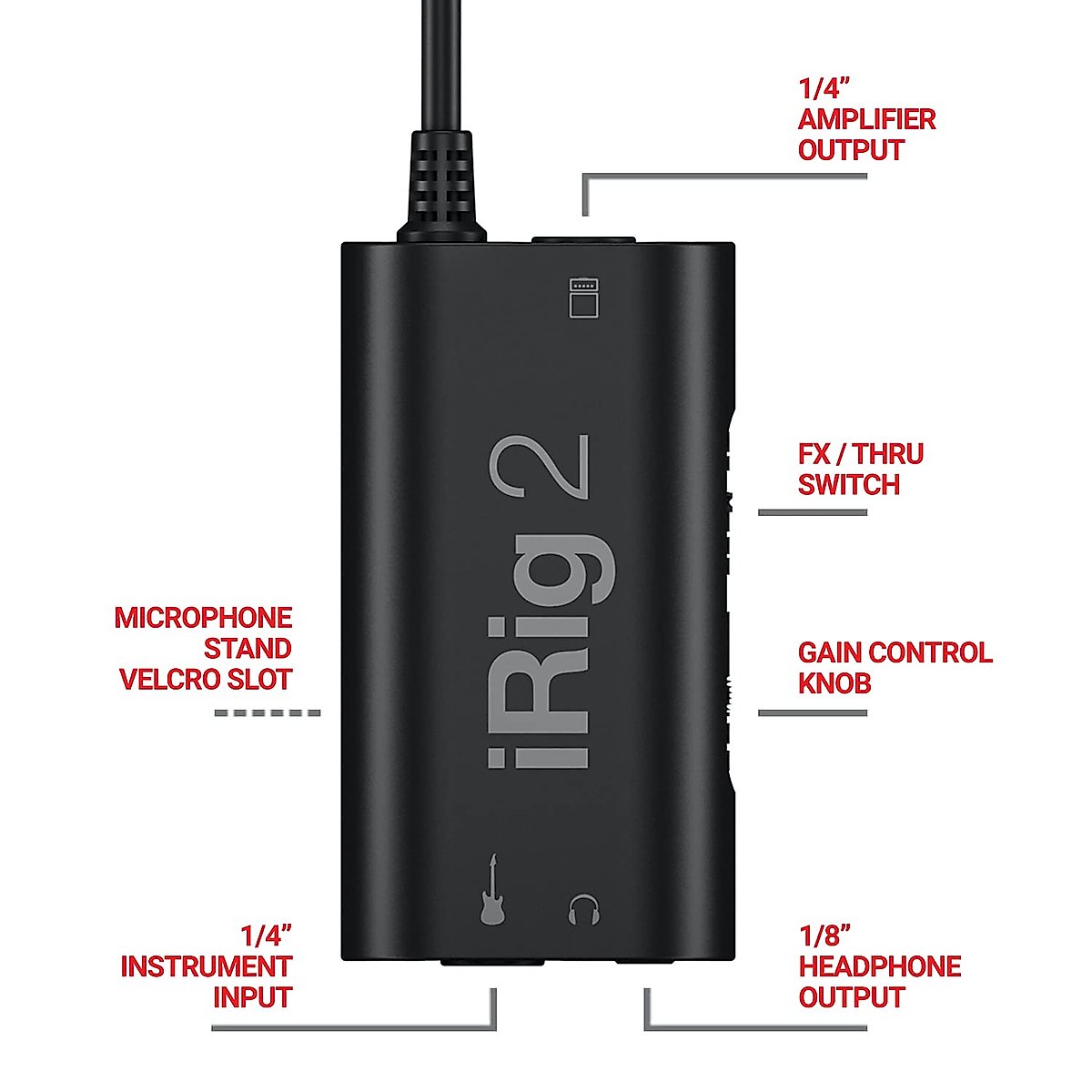 IK Multimedia iRig 2 portable guitar audio interface, lightweight audio adapter for iPhone and iPad with instrument input and headphone/amplfiier outs