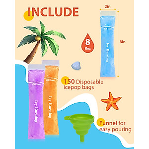 150 Disposable Ice Popsicle Mold Bags (8x2") for DIY Natural Fruit Snacks, Juice & Smoothies, Ice Pops Molds | BPA-Free, Zip Seals, Funnel Included