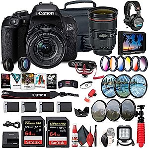 Canon EOS Rebel 800D / T7i DSLR Camera with 18-55 4-5.6 is STM Lens + 4K Monitor + Canon EF 24-70mm Lens + Mic + Headphones + 2 x 64GB Cards + Color Filter Kit + Case + More (Renewed)