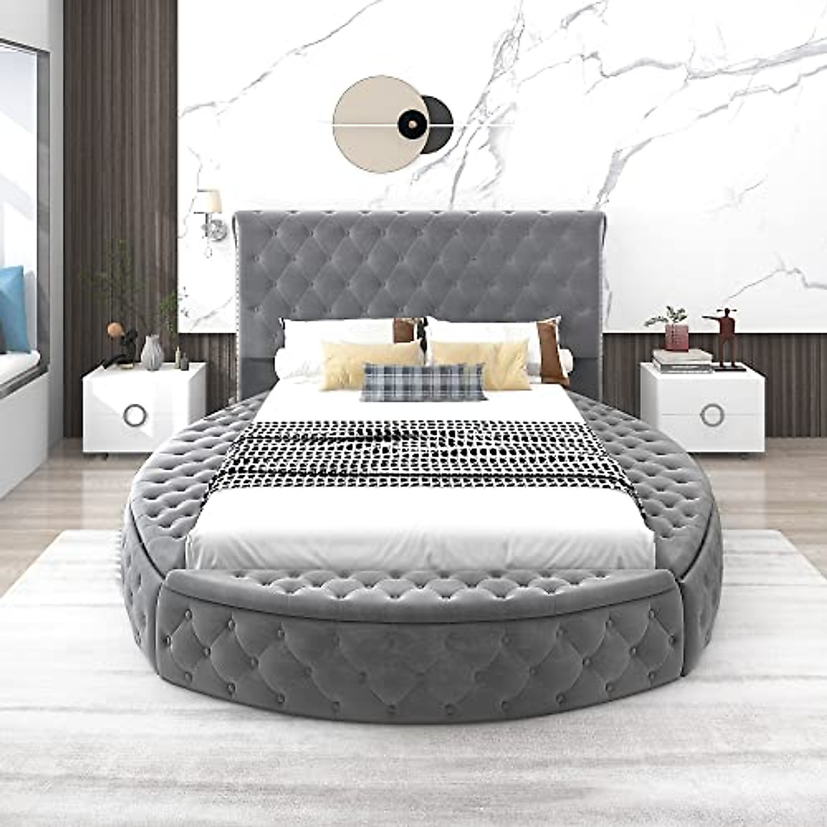 Round Upholstered Full Beds with Storage Modern Velvet Platform Bed with Deep Button Tufting Headboard and Footboard Tufted Bed with Storage Compartments in Rails and Ottoman, Gray