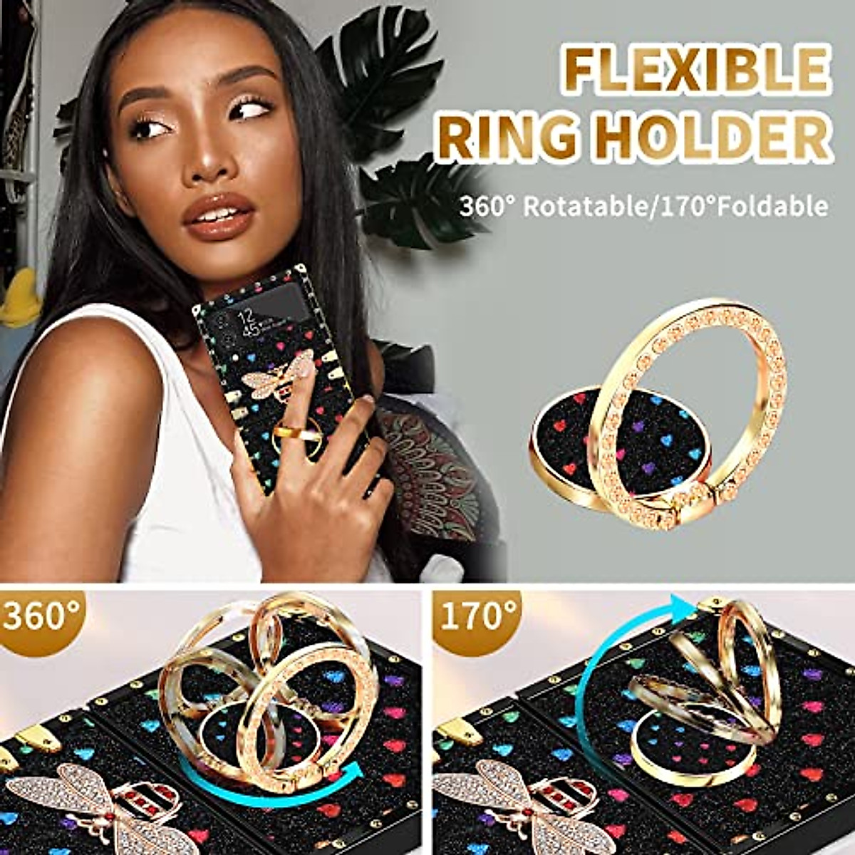 Loheckle for Samsung Galaxy Z Flip 4 Case for Women, Designer Square Cases for Galaxy Z Flip 4 Phone Case with Ring Stand Holder and Lanyard, Stylish Bee Luxury Cover for Samsung Flip 4 6.7''