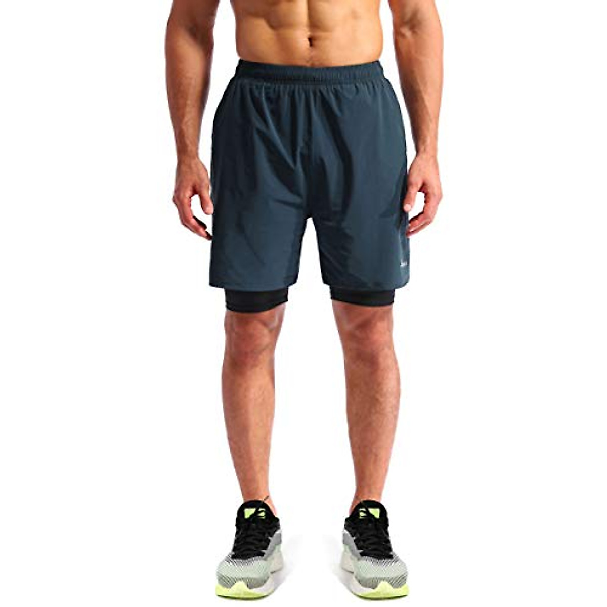 Pudolla Men’s 2 in 1 Running Shorts 7" Quick Dry Gym Athletic Workout Shorts for Men with Phone Pockets(Navy Blue Large)
