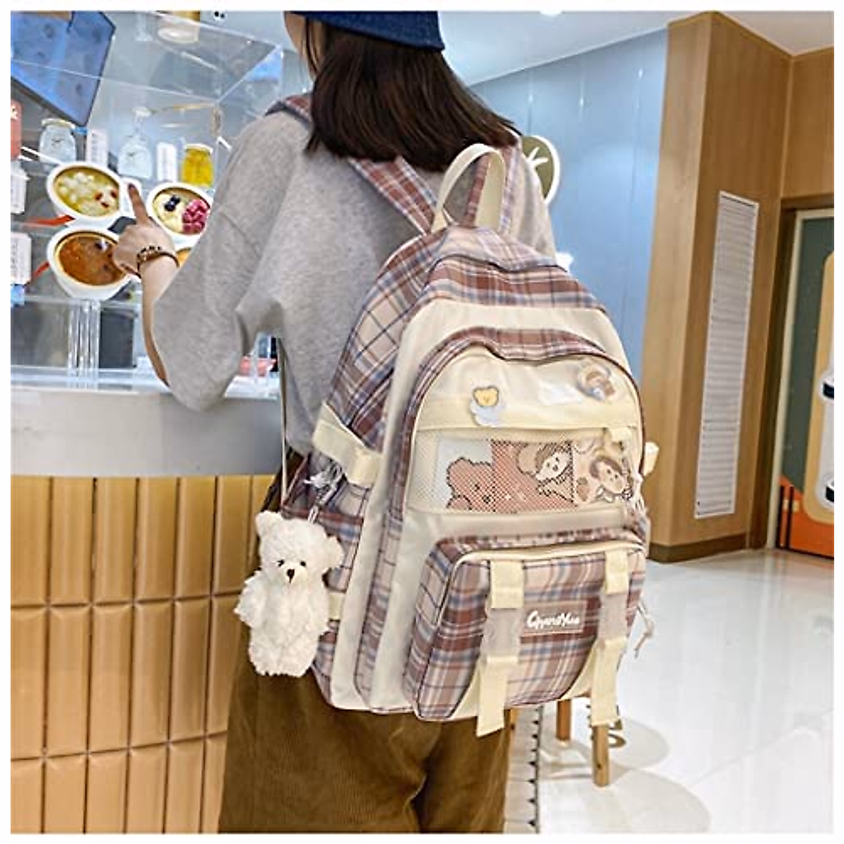 Aoakva Kawaii Plaid Backpack Purple Trendy Travel Bag with Free Cute Bear Pendant (Plaid purple), Regular