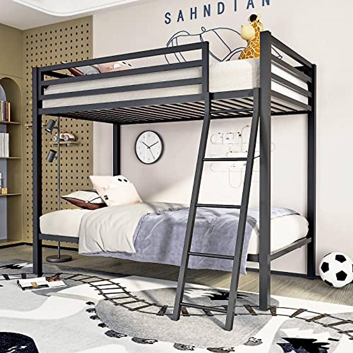 ikalido Metal Bunk Bed Twin Over Twin Size, Heavy Duty Twin Bunk Beds with Safety 14" Guard Rail & Sturdy Inclined Ladder, Space-Saving/No Box Spring Needed/Matte Black