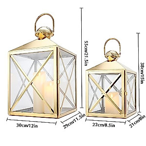 TRIROCKS Set of 2 Stainless Steel Candle Lanterns-19x12''&13x8'' High, Elegant Outdoor Metal Candle Holders with Tempered Glass for Home Decor, Living Rooms, Parties, and Indoor/Outdoor Events (Gold)