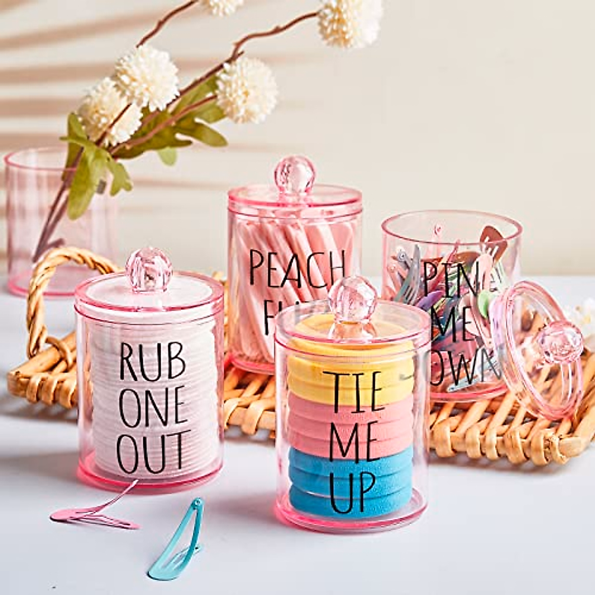 4 Pack Qtip Holder Dispenser with Lids and Labels - 10 oz Apothecary Jars Bathroom Vanity Canister Organizer for Cotton Balls, Pads, Swabs, Floss (Pink)