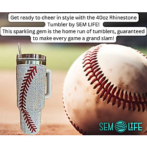 SEM LIFE 40 Oz Rhinestone Bling Tumbler Cup with Handle and Straw (BASEBALL), Stainless Steel and Double Wall Insulated