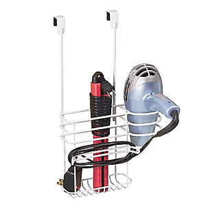 mDesign Metal Bathroom 2 Section Storage Tool Organizer Basket Tray - Hang Over Cabinet Door - Storage for Hair Dryer, Straightener, Curling Iron, Styling Products - Concerto Collection - White