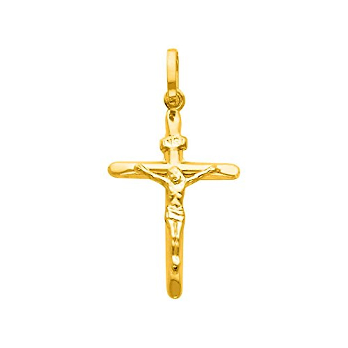 The World Jewelry Center 14k REAL Yellow Gold Crucifix Cross Pendant with 1.5mm Flat Open Wheat Chain Necklace - 24"