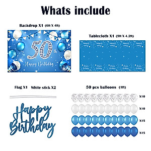 Happy 50th Birthday Balloons Blue Set Decor - Cheers to 50 Years Old Party Theme Garland Banner Backdrop Tablecloth Decorations For Women and Men