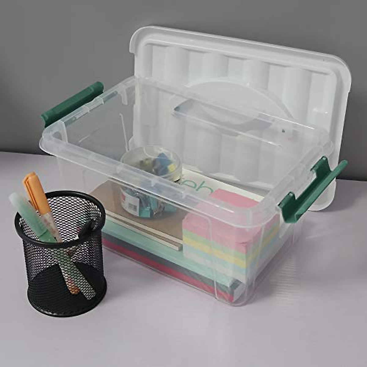 Gloreen 6 Quart Clear Storage Bins with Lid and Green Handle, Multipurpose Stackable Plastic Storage Latches Box/Containers, Set of 2