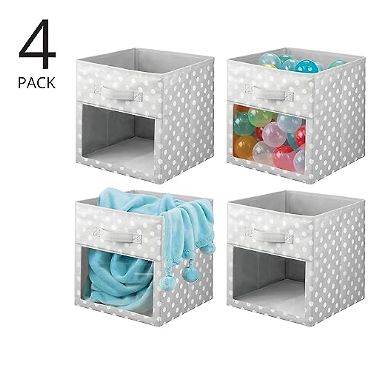 mDesign Fabric Nursery/Playroom Closet Storage Organizer Bin Box, Front Handle/Window for Cube Furniture Shelving Unit, Hold Toys, Clothes, Diapers, Bibs, 4 Pack, Gray/White Polka Dot