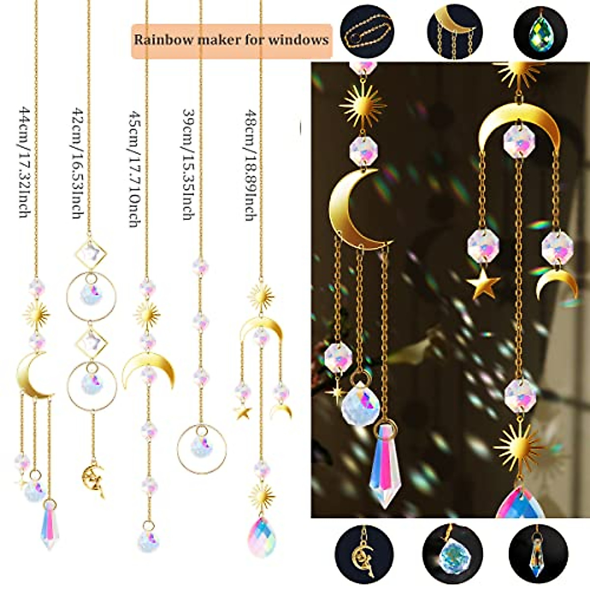 Crystal Suncatcher, 5pcs Window Hanging Sun Catchers Crystal Chandelier Ball Prism Pendant Light Catcher Ornament, Garden Suncatchers Window Rainbow Maker for Home Wedding Decoration Gifts