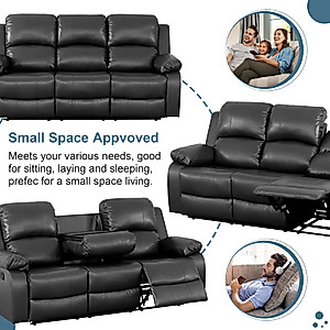SumKea Large Loveseat Recliner Sofa, Leather Living Room Couch with Cup Holder, Black