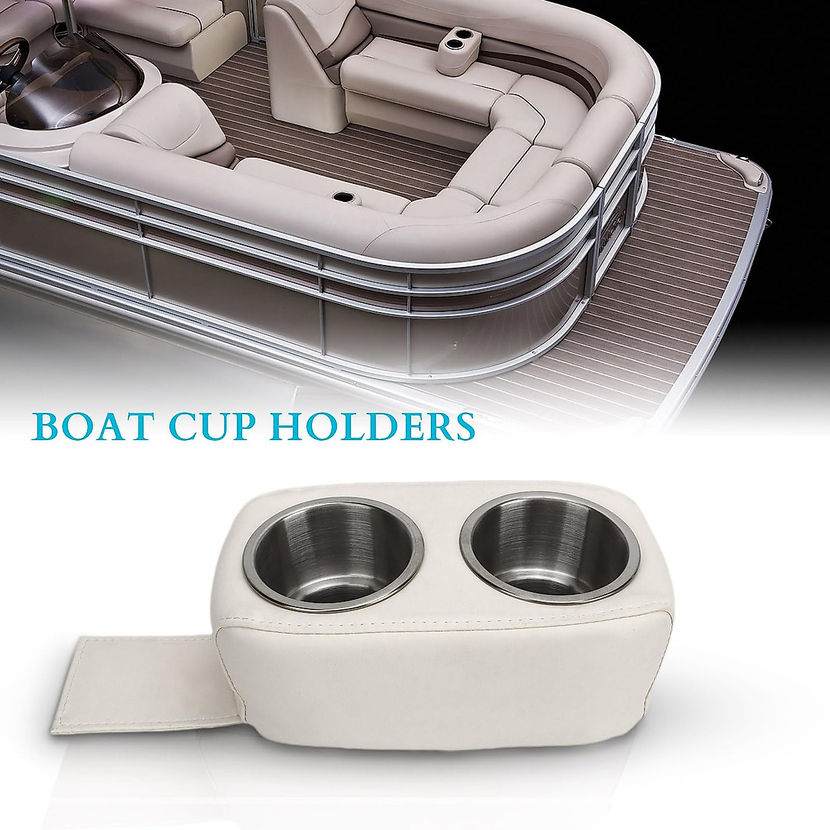 Double Stainless Steel Cup Holder, Strong and Durable, Portable Design, Ideal for Pontoons and Fishing Boats, With PVC Clamshell (White)