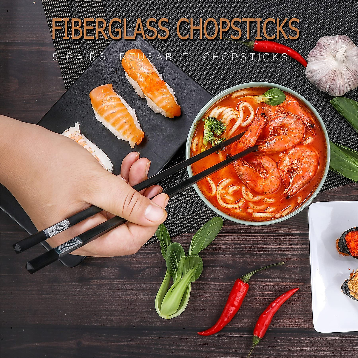 HuaLan Fiberglass Chopsticks Set, Dishwasher Safe Chopsticks, Non-slip Design Chop Sticks, Reusable Japanese Style Chopstick, 9 1/2 Inches 5 Pairs, Silver, Gift Set