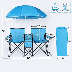 DOALBUN Double Portable Picnic Chair Folding Camping Chair W/Umbrella Table Beverage Holder Carrying Bag Cooler Fold Up Table for Patio Pool Park Outdoor Beach Camping Chair (Blue)