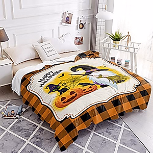 Throw Blanket- Halloween Soft Warm Plush Fleece Bed Throw,50x60In Flannel Blankets Glowing Gnome with Pumpkins Cats Bedding Throws for Women/Men Bedroom Living Room Office Decor Buffalo Gingham