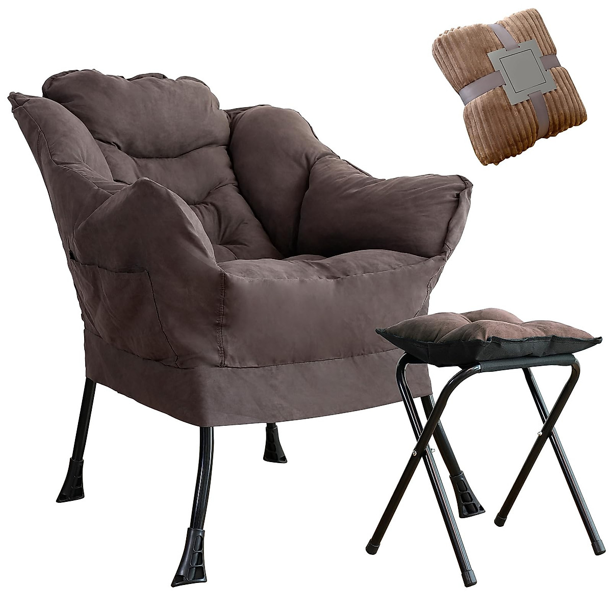 HIGOGOGO Lazy Chair and Folding Footrest Stool Set, Accent Chair for Living Room with Portable Ottoman, Sofa Chair Steel Frame Leisure Bedroom Chair and Anti-Slip Footstool, Brown