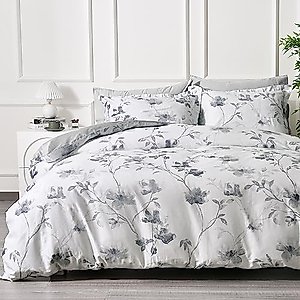 PHF 100% Cotton Printed Duvet Cover Queen Size, 3 Pieces Soft Breathable Duvet Cover Set for All Season, Stylish Floral Pattern Smooth Comforter Cover with 2 Pillow Shams, 90" x 90", White Grey-Floral