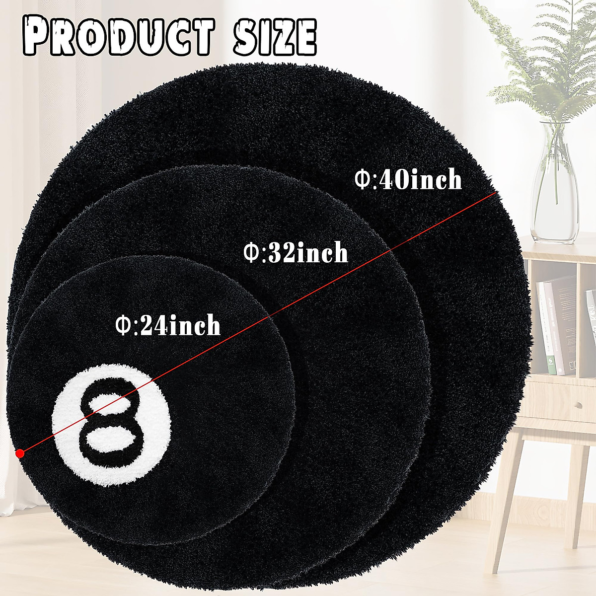 8 Ball Rug, 40 inch Big Round Rug for Home Decor, Washable 8 Ball Carpet, Stussy Cool Eight Ball Carpet for Bedroom Living Room, Black Circle Rug