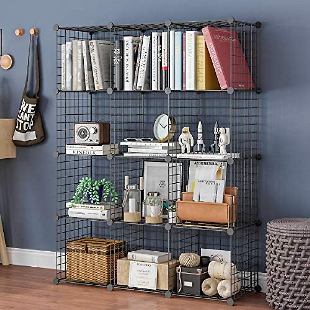 KOUSI DIY Wire Cube Storage, Modular Metal Shelf, Cubby Shelving, Stackable Grid Organizer, 12 Cube, Black