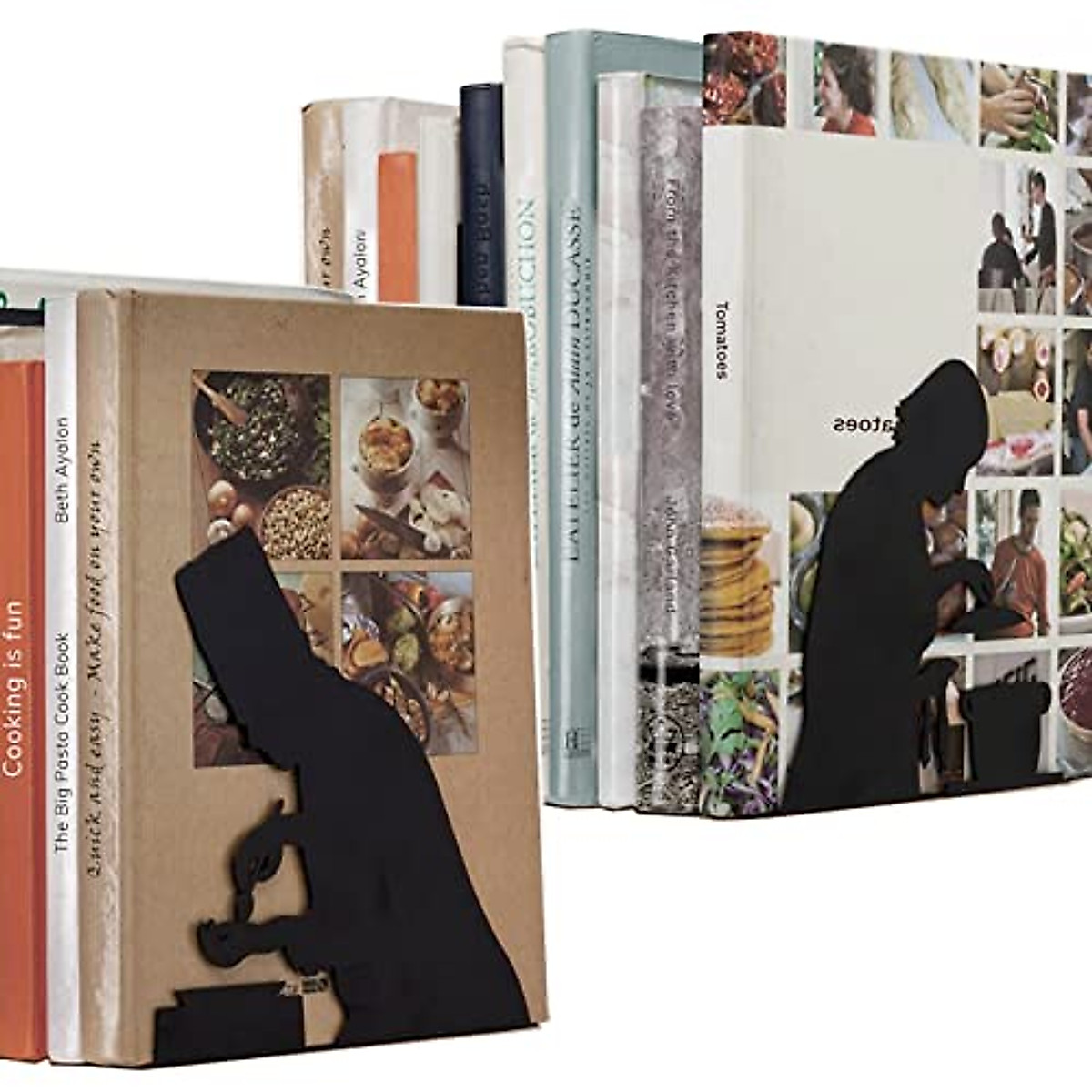 Unique Metal Decorative Bookends - Whimsical Hidden Book Ends for a Cool Book Holder Display - Cute Home Decor and Modern Gift Idea for Shelves Desk or Table (Cooking)